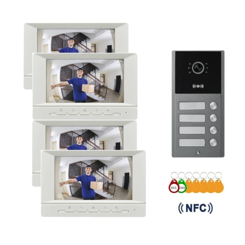 Visiophone pour immeuble 4 boutons avec lecteur de badge RFID intégré
